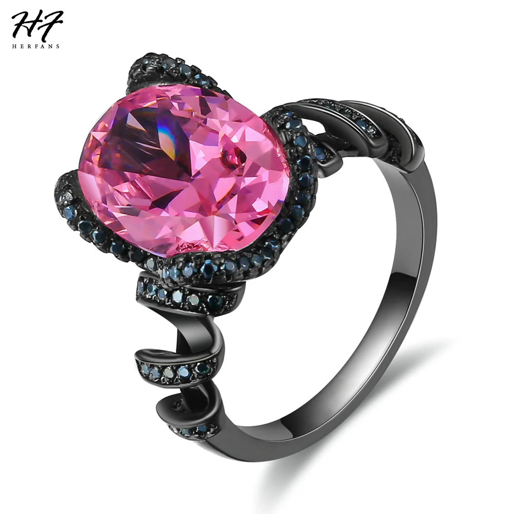 New Fashion Luxury Pink Big Oval Cubic Zirconia Black Gold Color Ring ...