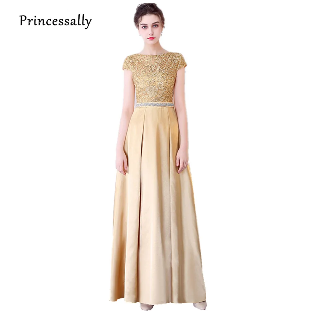 New Gold Lace Evening Gown Satin Long Crystal Waist Cape Sleeve Elegant ...