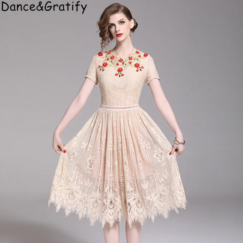Elegant Embroidery Flowers Lace Mid calf Sundress Women's Party Dresses ...