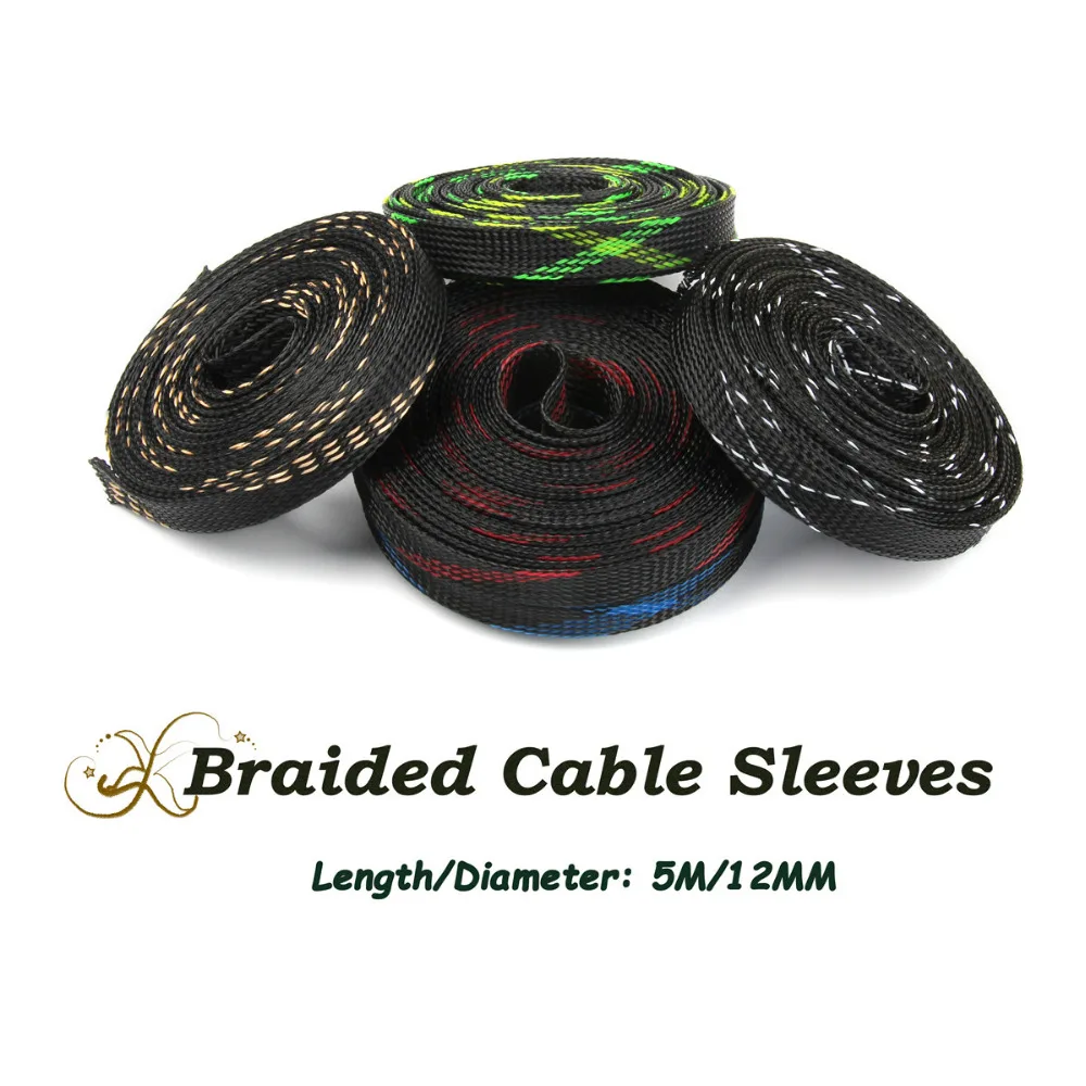 5M 12mm Braided Cable Sleeving 5 Colors Expandable 150% Insulation ...