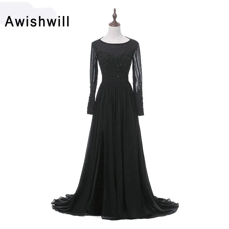 Modest Black Long Sleeve Evening Dress Appliques Chiffon A Line Special