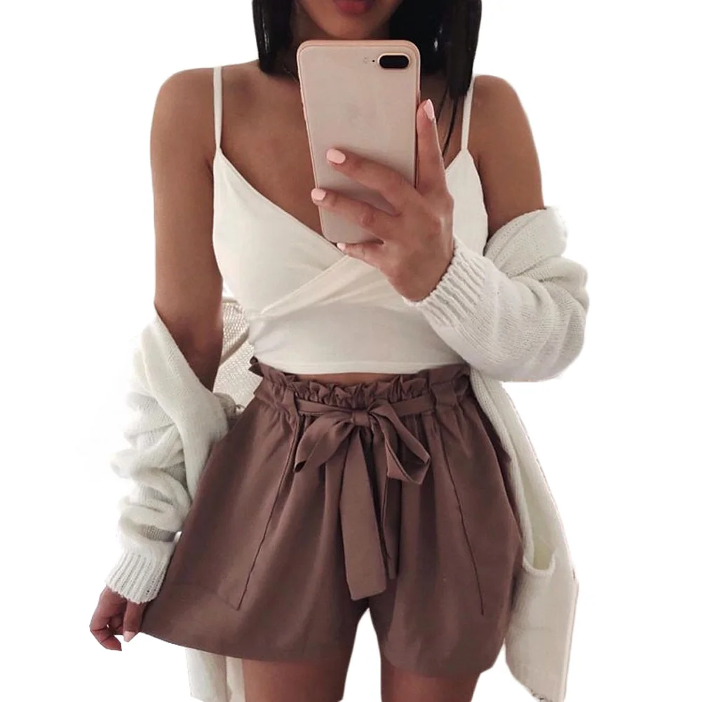 Womens Shorts Pockets High Waist Beige Tie Belt Shorts Ladies Summer ...