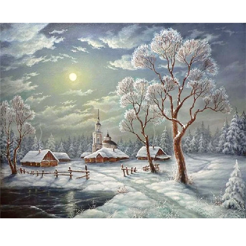 Handmade crafts FULL 3D snow scenery on the night image DIY diamond ...