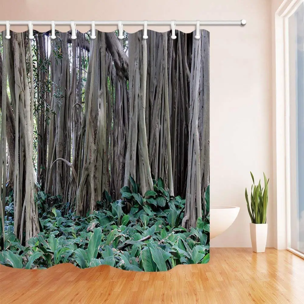 Forest Bath Curtain Tropical Jungle With Bushes Ferns Trees Vegetation