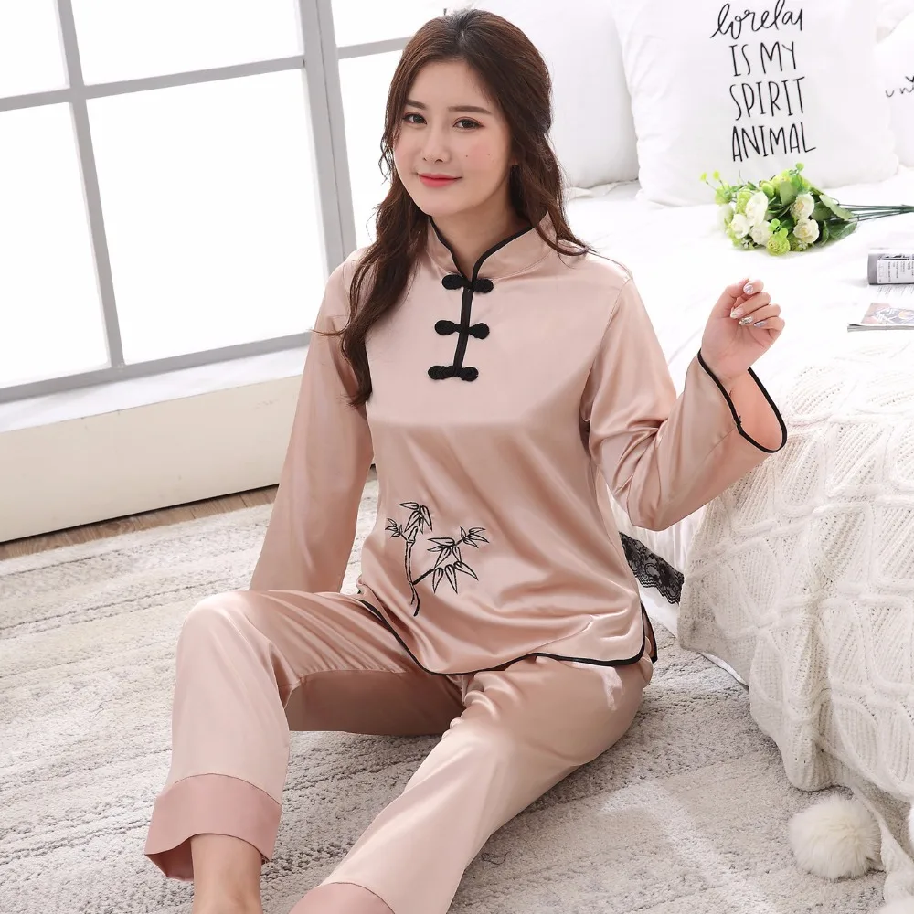 Women-Long-Sleeve-Shirt-Full-Pant-Pajamas-Set-Chinese-Style-Satin-2PCS ...