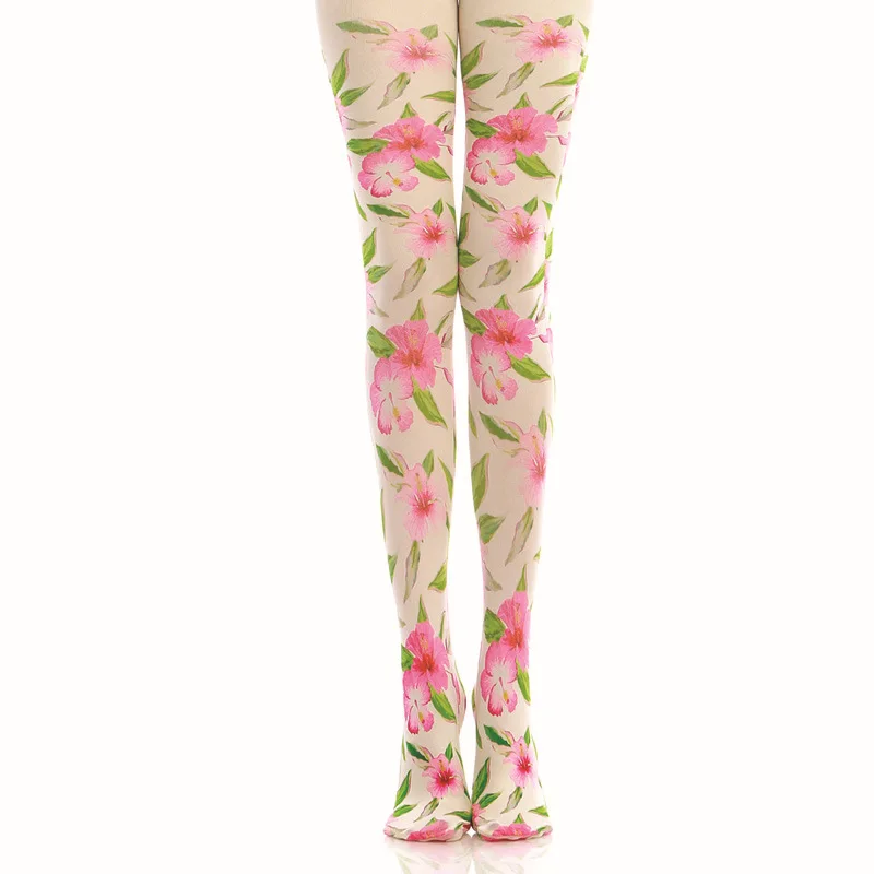 2018 Autumn New Fresh Pink Flower Pantyhose Printing - Tights - AliExpress