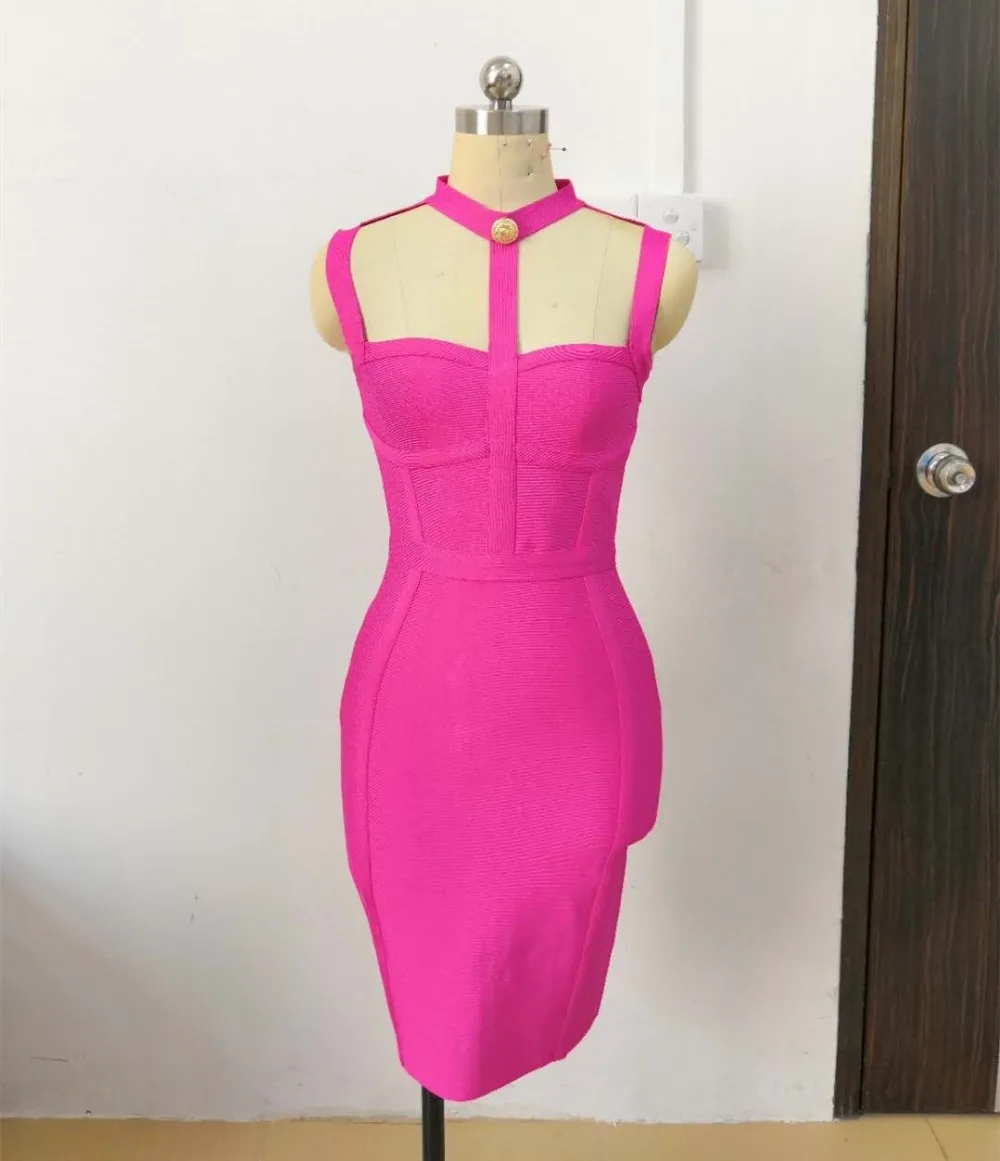 Sleeveless Rose Pink Turtleneck Cut Out Backless Bandage Dress 2018 New