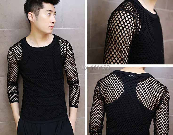 New Men's Summer Gothic Black Sexy Fishnet Slim Fit Long Sleeve T Shirt ...