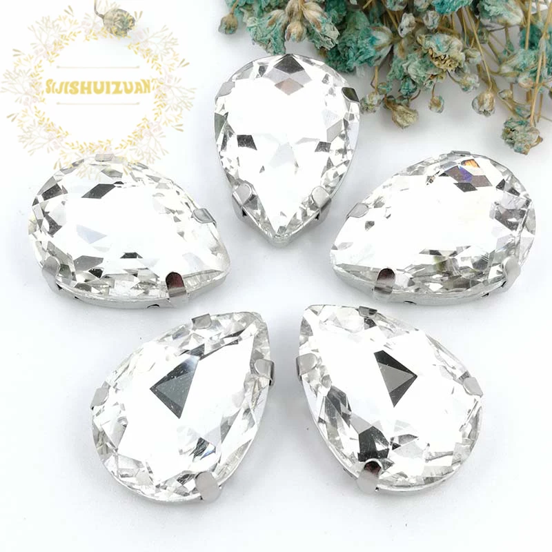 Hot!!! White Water Drop Shape Glass Crystal Sew On Rhinestones With ...