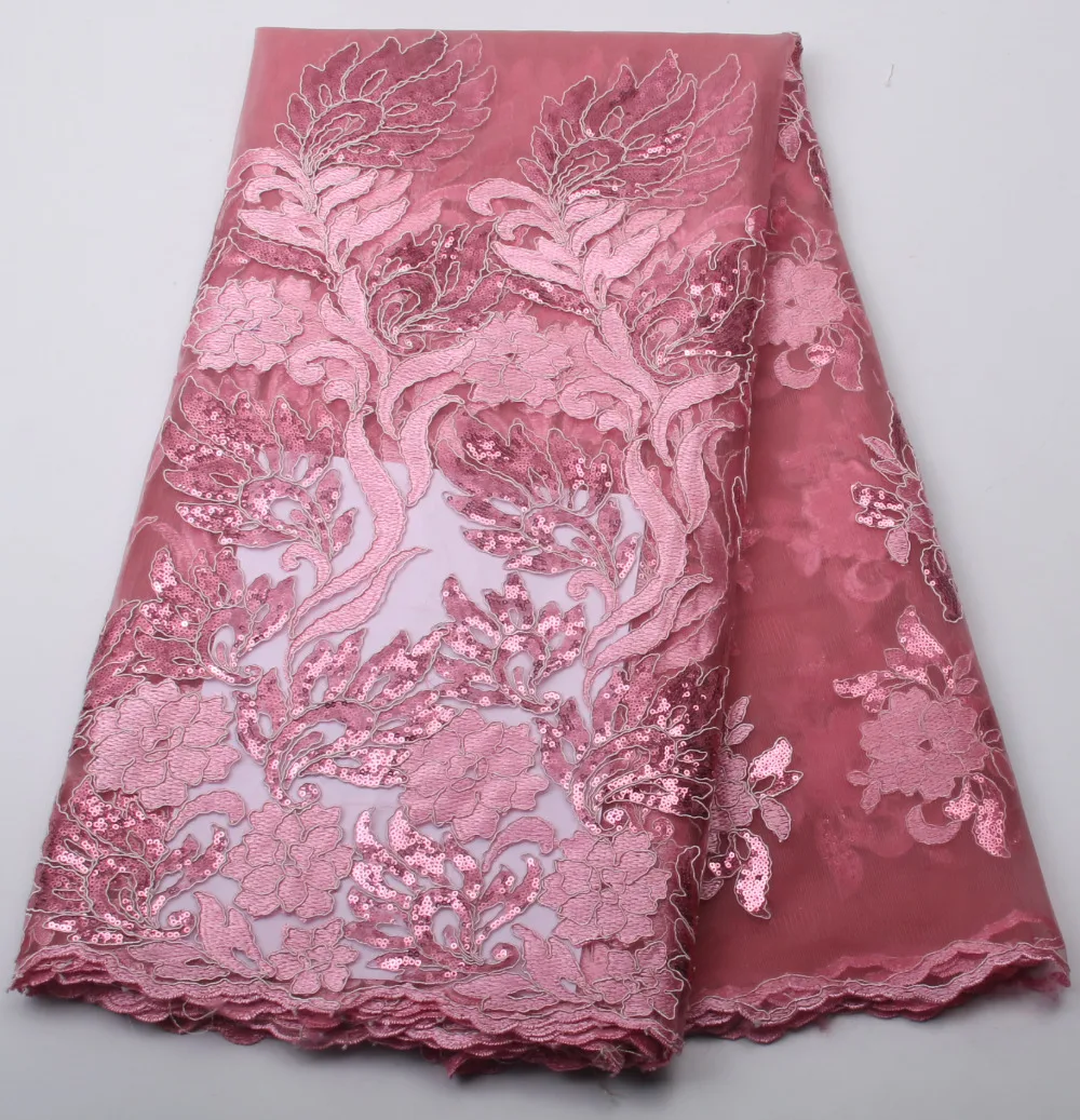 2018 French Net Pink Sequins Lace Fabrics High Quality African Tulle ...