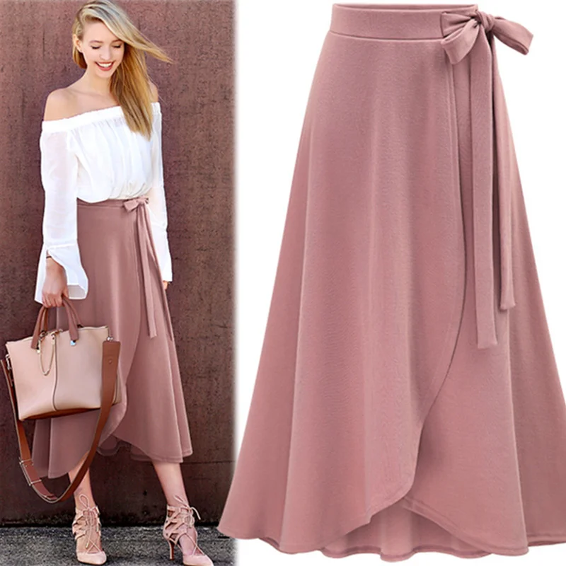Chiffon Pink Ruffle Women's Long Skirt High Waist Bowtie Split ...