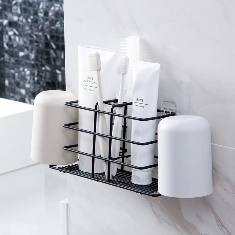 Metal-Wall-Mount-Toothbrush-Holder-Cup-Storage-Rack-Multifunctional ...