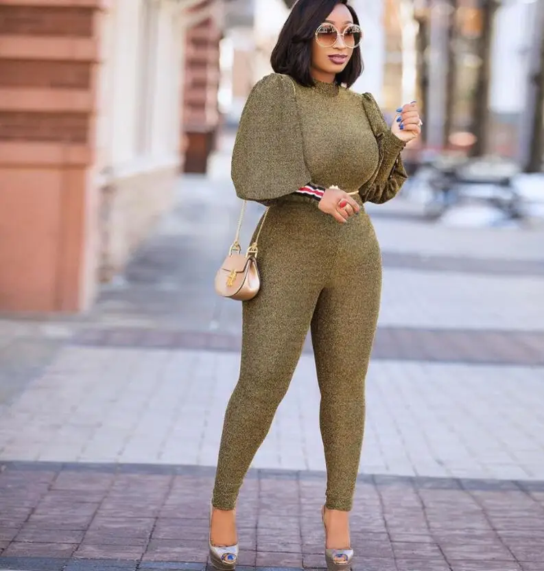 Sexy high elastic jumpsuits women's 2019 autumn wild Lantern sleeves ...