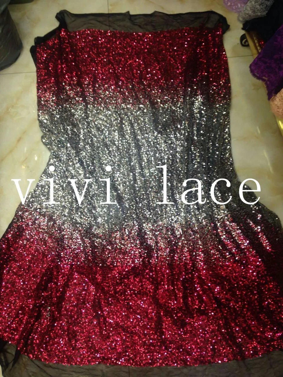 5yards YY076 # silver wine red sequin embroidery black mesh lace fabric ...