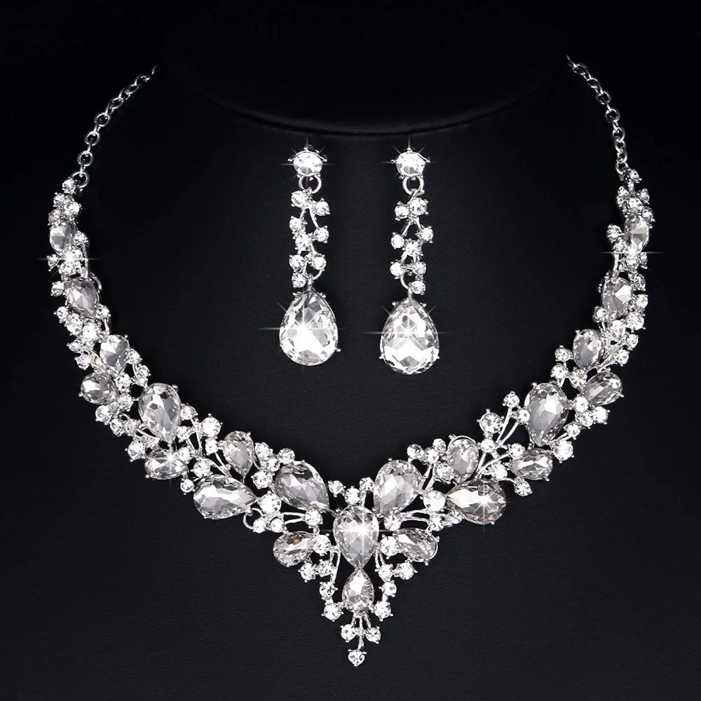 delicate teardrop Austrian Crystal Jewelry Sets Silver Color For Bridal ...