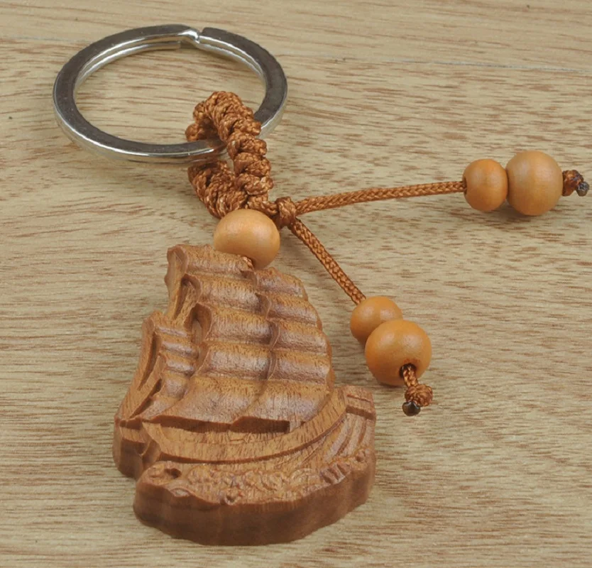 20pcs New Arrival Jujube Wood Sailing Carved Keychain Wood Crafts Key ...