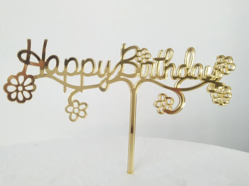 Meya Happy Birthday Cake Topper Mirror Gold Acrylic Cake Topper With Flowers