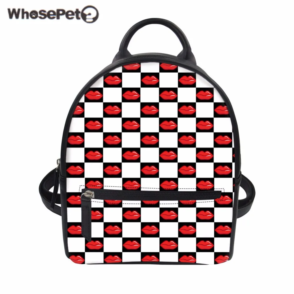 WHOSEPET Women Backpack Leather PU Backpacks Plaid Lips Print Rucksack ...