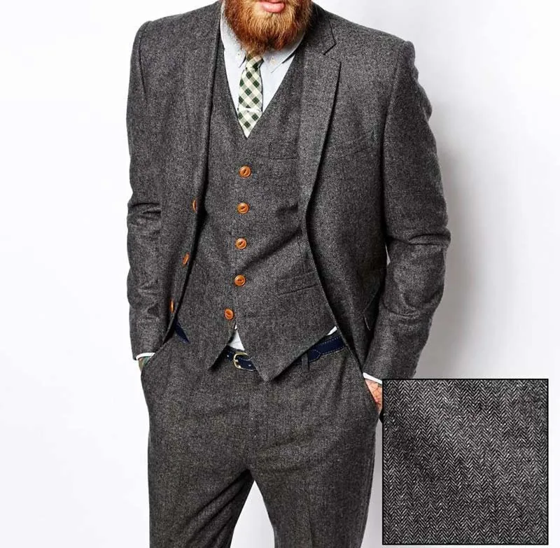 Charcoal Grey Tweed Men Suits Slim Fit Formal Tailored Made Groom Prom
