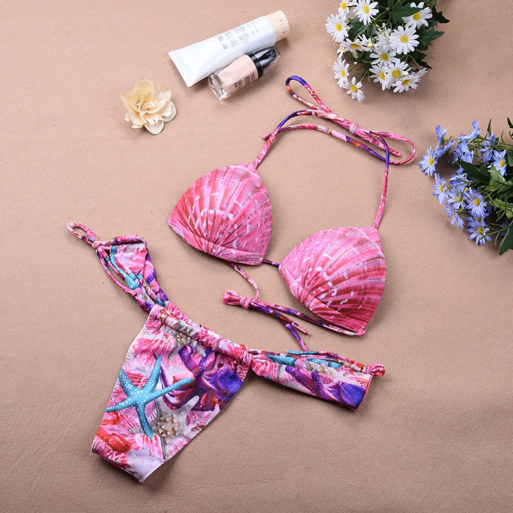 2017 New Hanging Neck Halter Bandage Swimsuit Pink Mermaid Shells Bra
