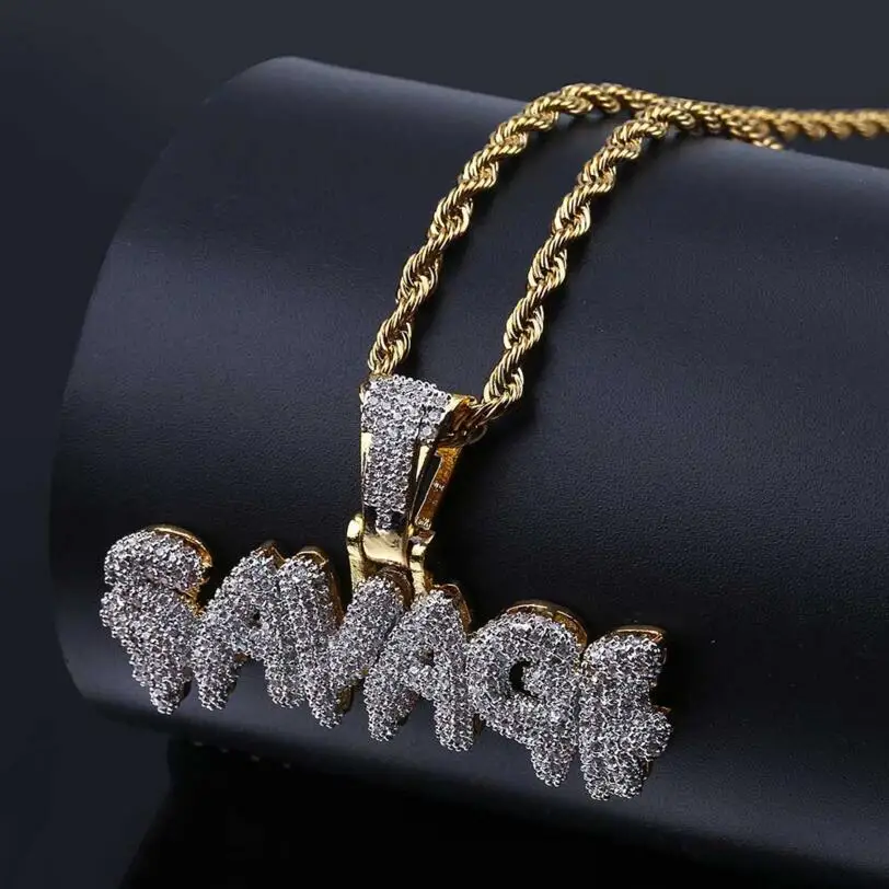 Hip Hop Letter Bling Necklace Brass Gold Color Iced Out Full Micro Pave ...