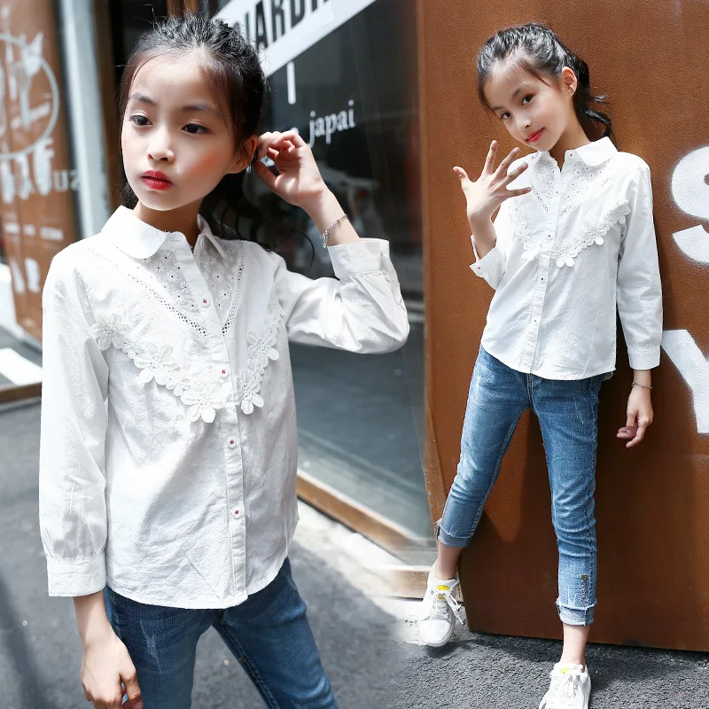 lace patchwork girls white shirt blouses long sleeve kids new 2018 ...