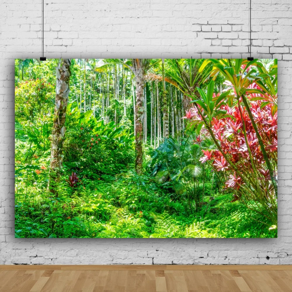 Jungle Backdrops Tropical Rainy Forest Green Grass Shrub Tree Party ...