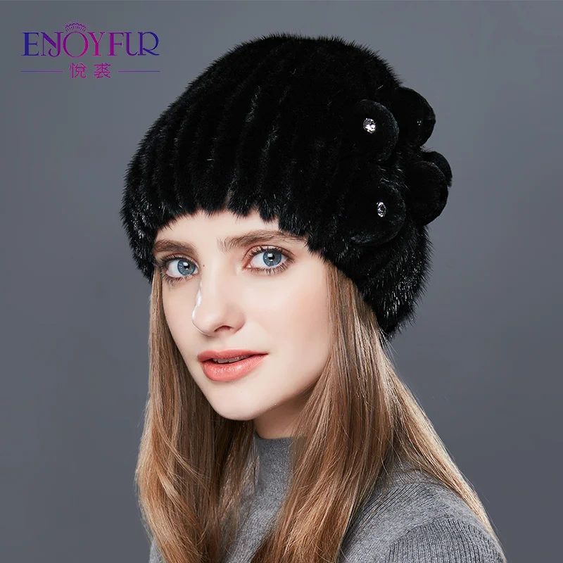 ENJOYFUR Natural Mink Fur Hats Winter Fashion Warm Thick Fur Hat Female ...