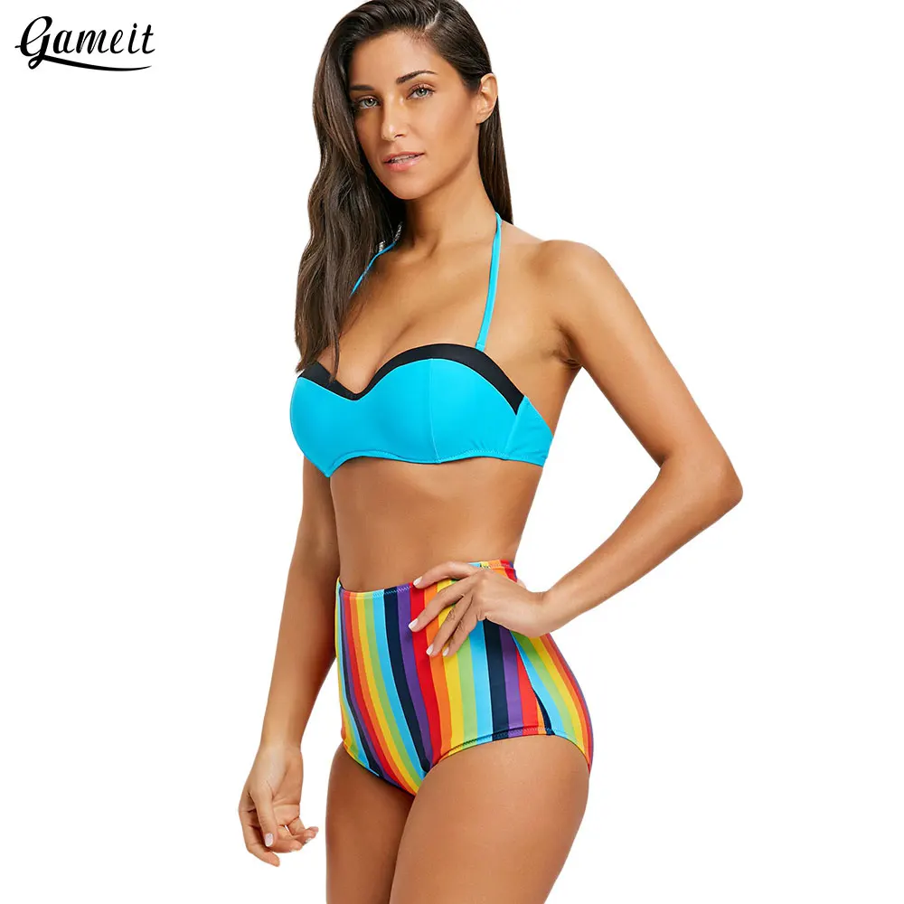 Gameit Rainbow High Waist Bikini Set Women Halter Neck Swimwear