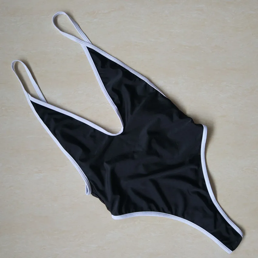 Black White One Piece Swimsuit Thong Swimwear 2017 High Cut Swimming ...