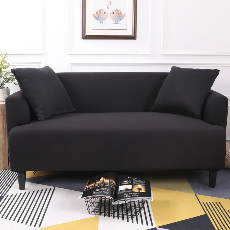 Simple Black Elastic Slipcover Solid Color Plush Stretch Sectional Sofa ...