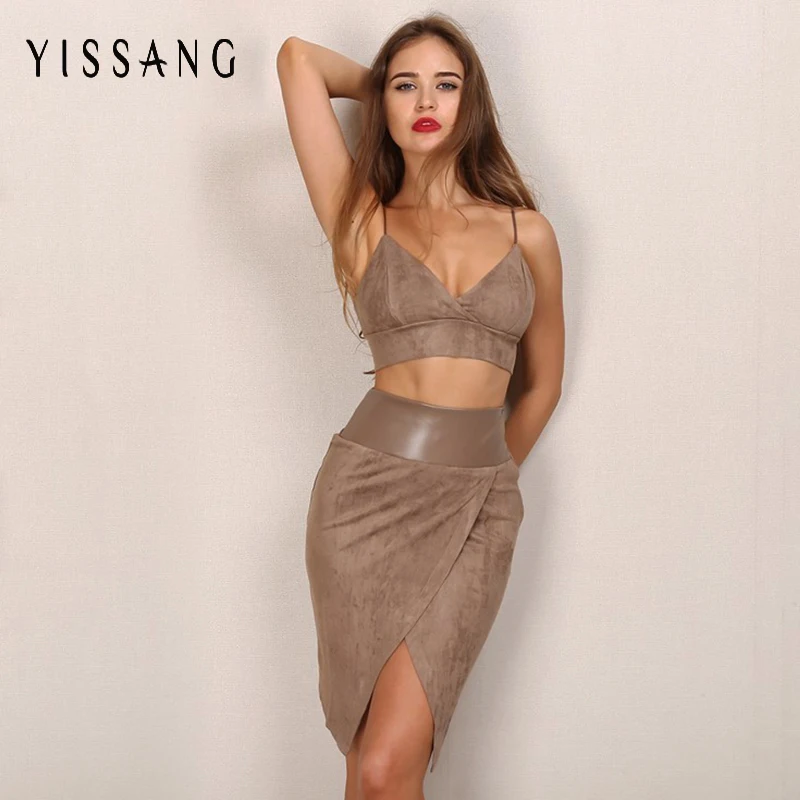 Hot Selling Suede Nightclub Dress Strap Sleeveless Cropped Top 2 Piece