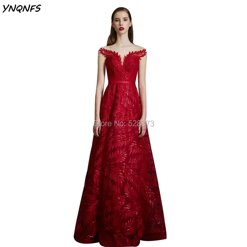 Ynqnfs Ed152 Normcore Elegant Red Evening Dresses Long Party Ball Sheer Short Sleeves Sparkly