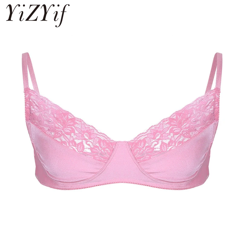 Yizyif 섹시한 남자 브래지어 시시 핑크 게이 속옷 부드러운 패브릭 레이스 와이어 프리 브래지어 탑 조절 가능한 어깨 끈 시시 게이 남성 브래지어탱크
