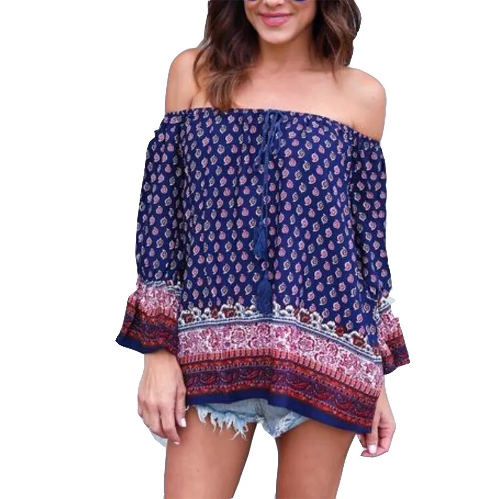 Loneyshow Women Off Shoulder Tops 2018 Summer Beach Sexy Slash Neck