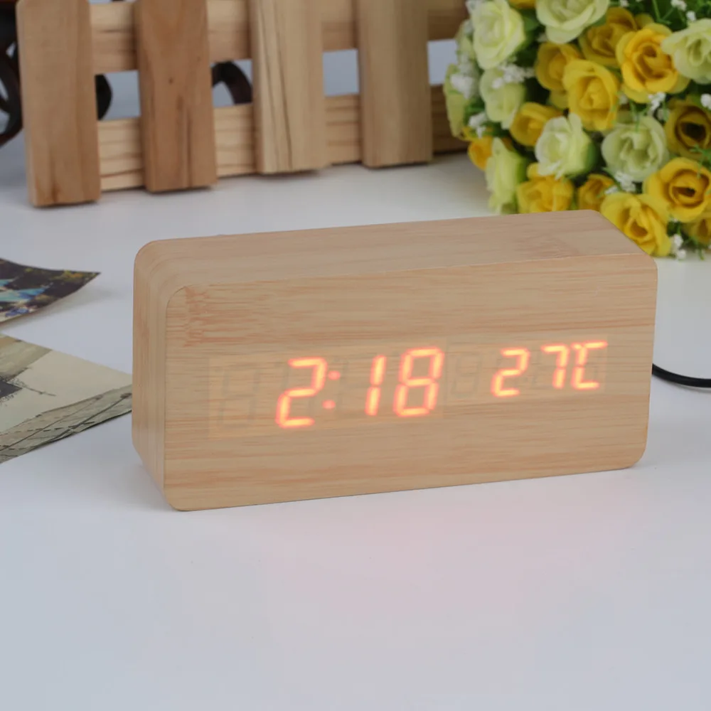 Large Size LED Wooden Alarm Clocks with Thermometer Rectangle Table ...