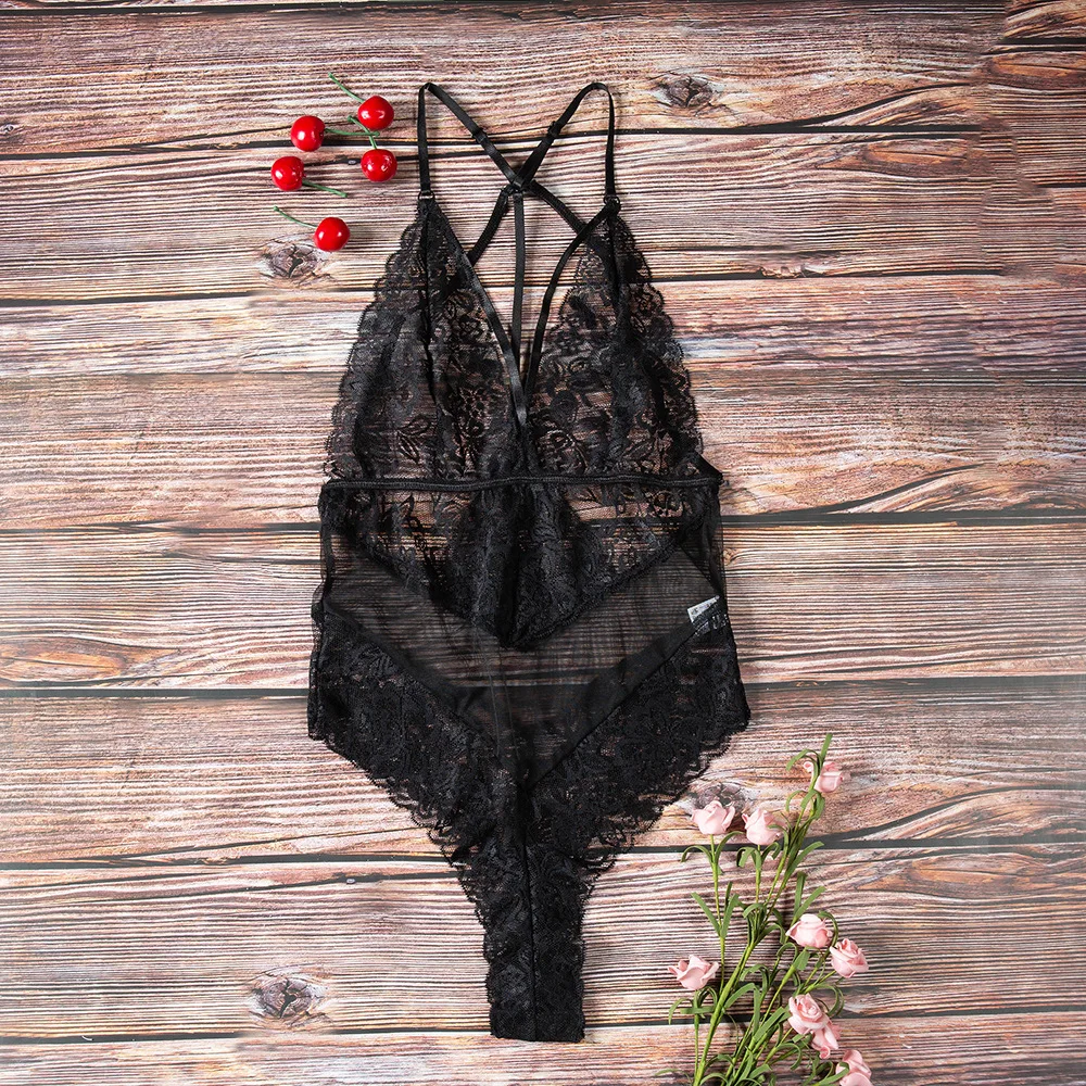 Sxthaenoo Ladies Sexy Lingerie Open Crotch Lace Mesh One Piece Bodysuit Women Backless Teddies