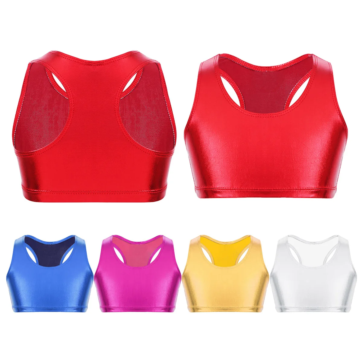 Kids Girls Shiny Metallic Crop Tops Stretchy Dance Tops Sport Wear Tank ...