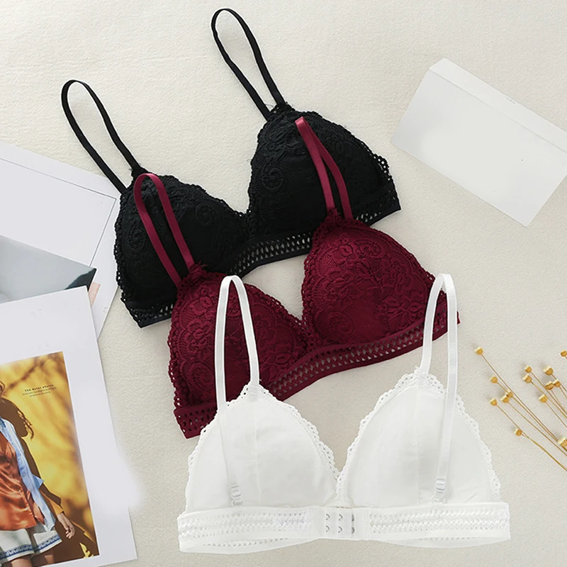French Style Lace Bra Girls Triangle Cup Deep V Wireless Underwear Soft ...