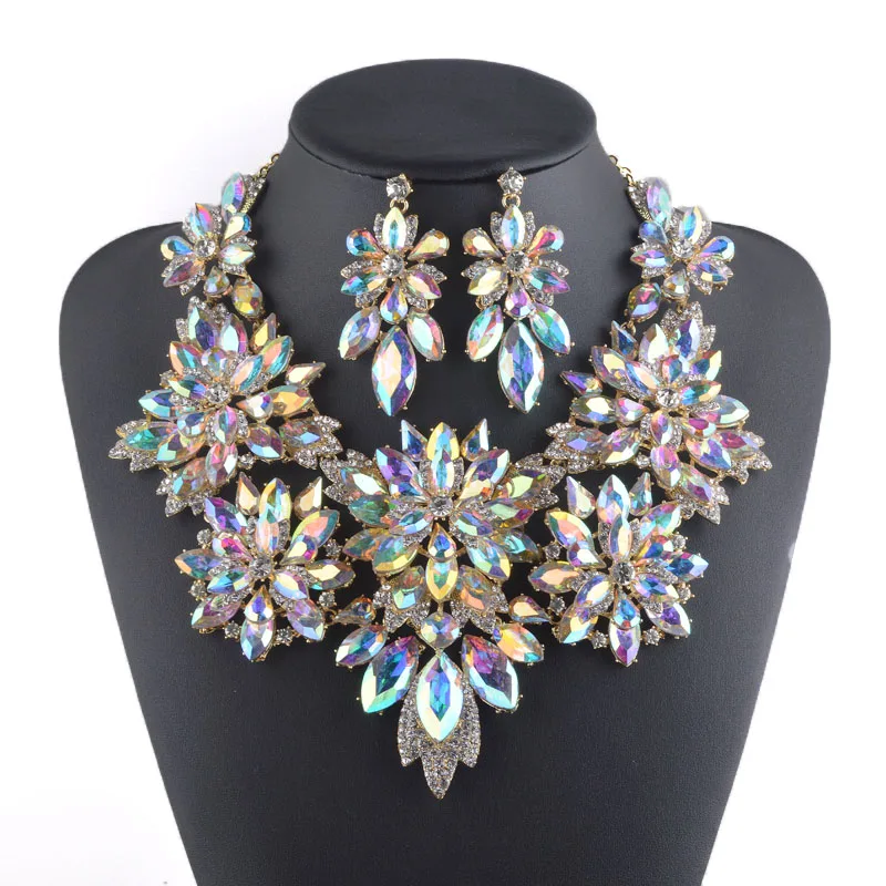 Golden Luxury Aurora Crystal Ab Jewelry Sets Flower Design Necklace ...