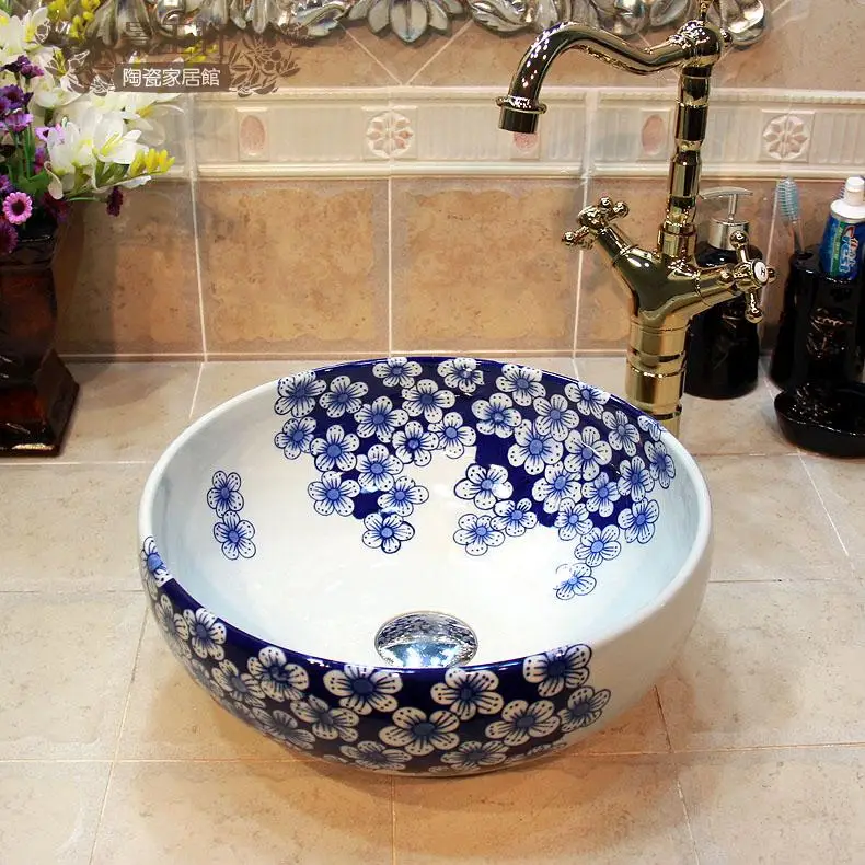 Dia.35cm Small blue and white art ceramic wash basin for bathroom ...