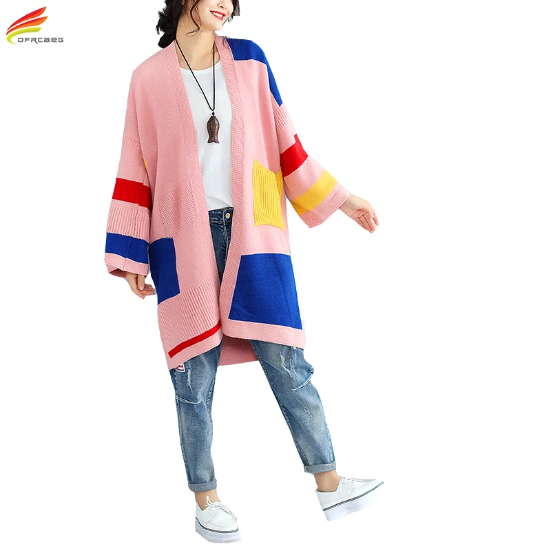 Plus Size Loose Cardigan Women 2017 Autumn Winter Color Patchwork ...