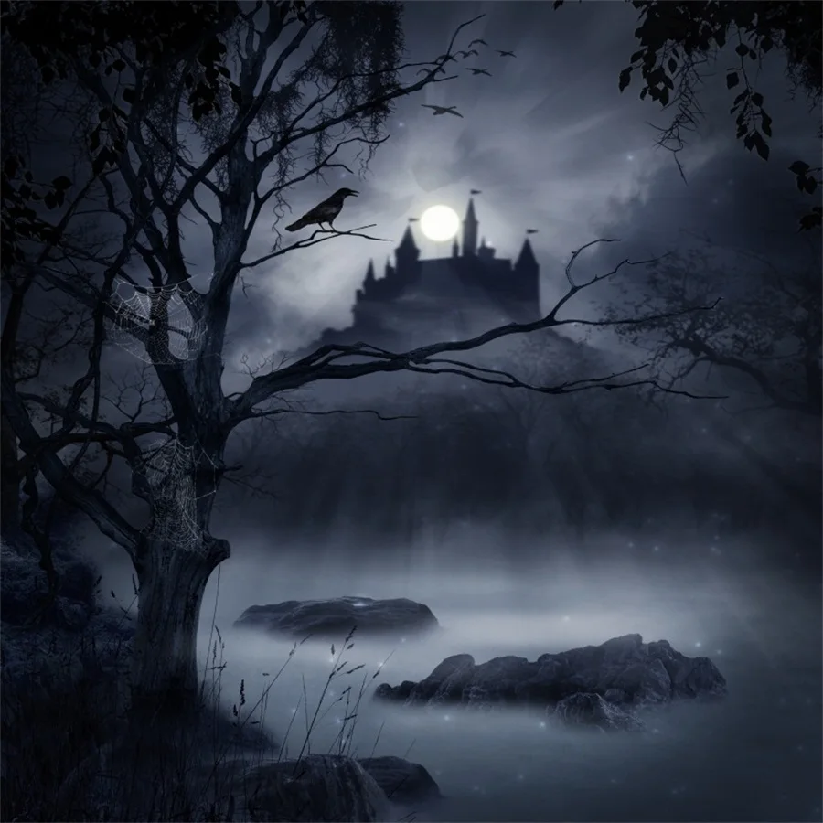 Laeacco Cloudy Moon Night Hazy Castle Tree Crow Photography Backdrops ...
