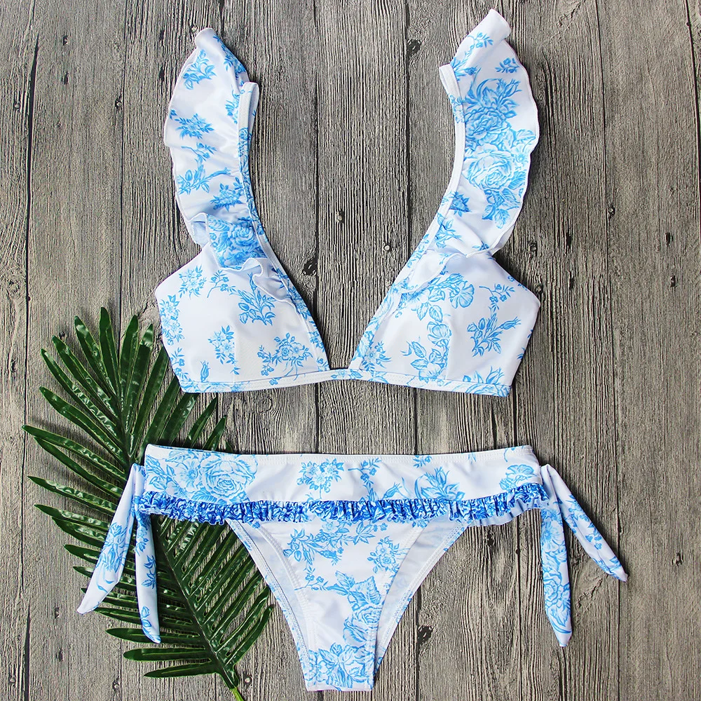 2018 Flower Bordered Bikini Housemaid Style Swimsuit Two Pieces Women