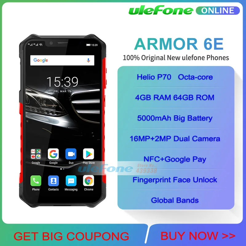 Ulefone Armor 6E IP68 Waterproof Mobile Phone Helio P70 4GB+64GB 6.2 ...