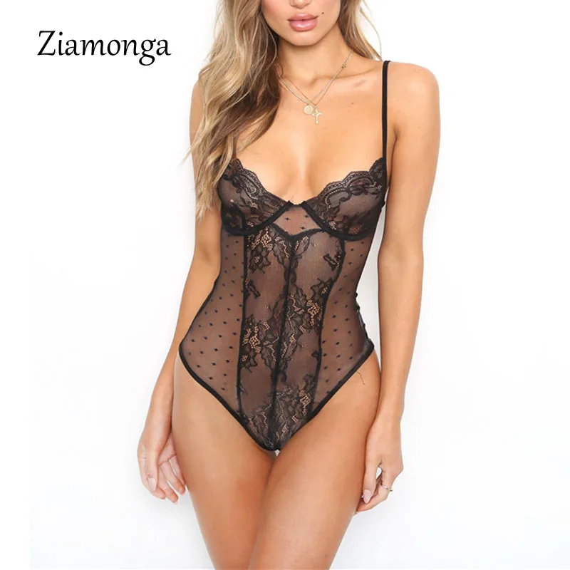 Ziamonga 2018 Summer Lace Bodysuits Sleeveless V Neck Slim Sexy