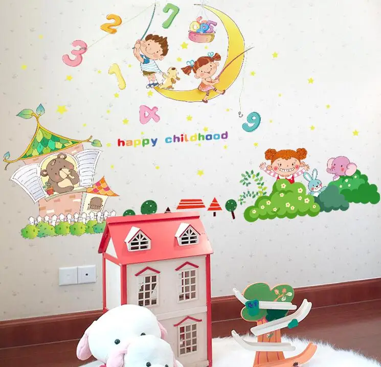 Happy Childhood Numbers Wall Stickers, Cartoon Moon Wall Stickers For ...