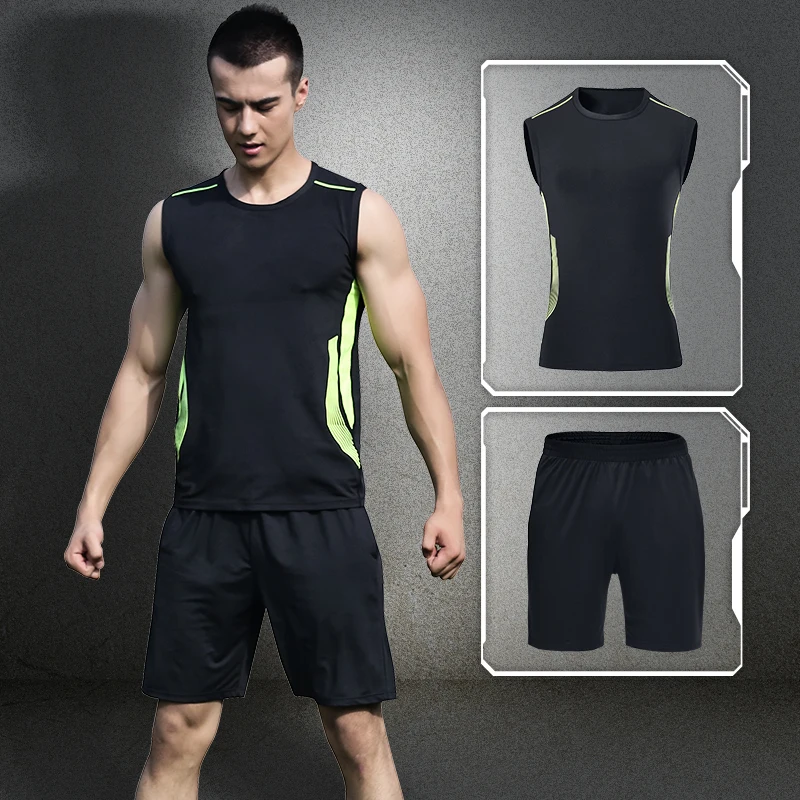 Summer Fitness Suits 2pcs Men Elastic Quick dry Running Basketball Sets ...