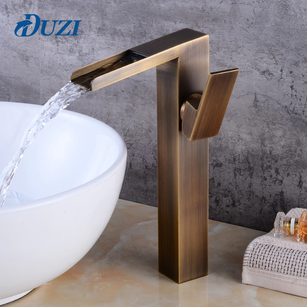 DUZI Waterfall Water Mixer Antique Brass Tall Bathroom Sink Mixer Tap ...