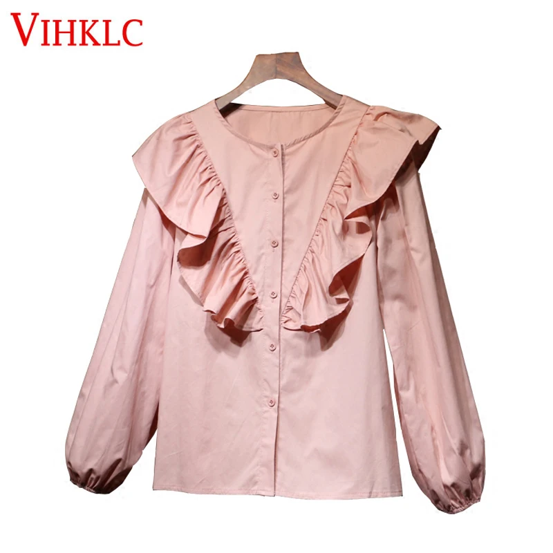 Spring 2018 New Pattern Solid Color Round Collar Puff Sleeve Ruffles
